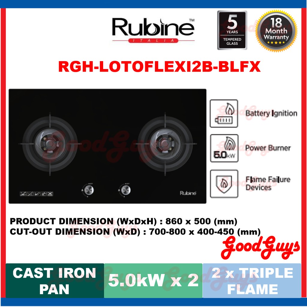 RUBINE RGH-LOTOFLEXI2B-BLFX / 5.0kW / 2 BURNER TEMPERED GLASS HOB ...