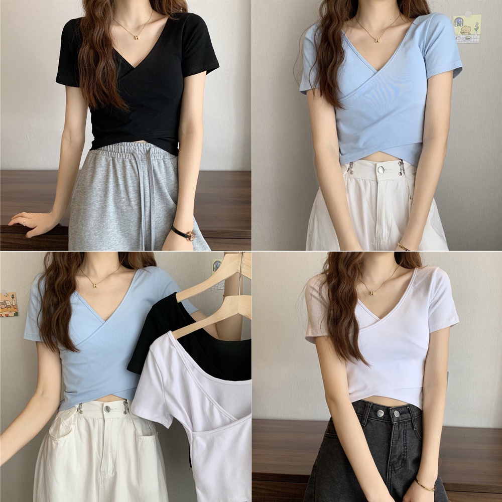 Women's Korean Crop Top Irregular Solid Color V-neck Short-sleeved T ...