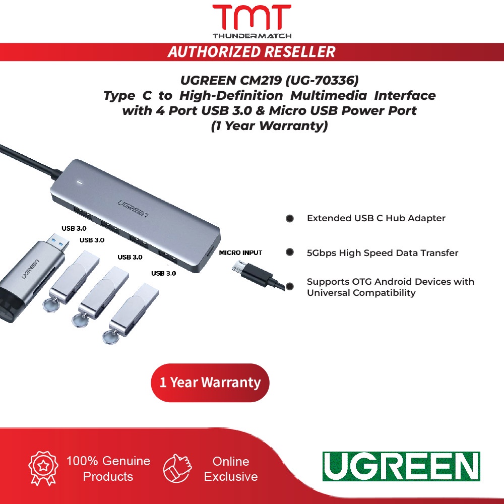 UGREEN CM219 (UG-70336) Type C to 4 Port USB 3.0 & Micro USB Power Port ...