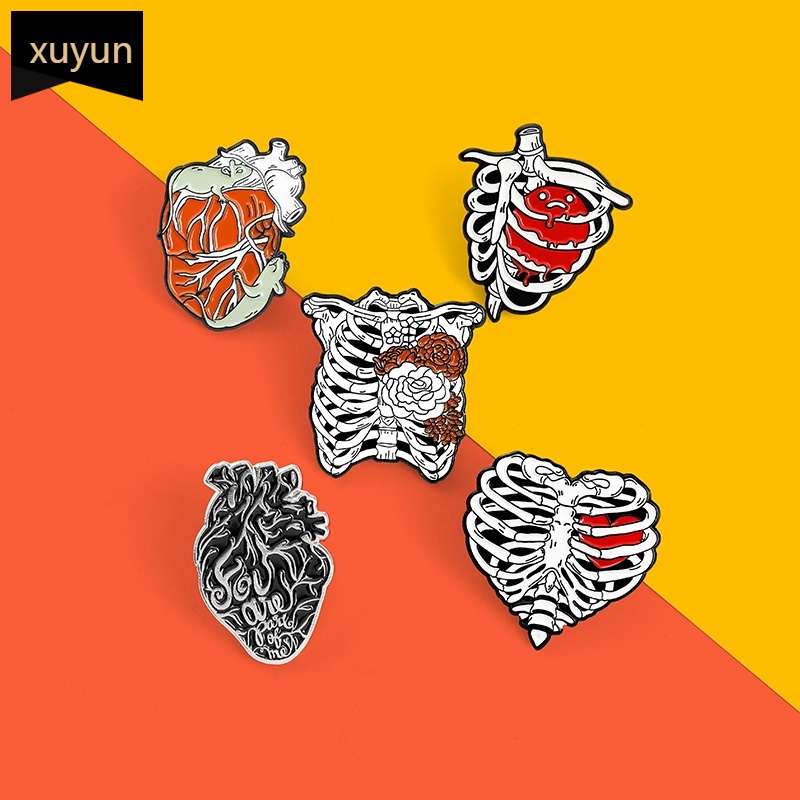 Custom Rib Cage Rose Heart Enamel Pins Bone Skeleton Brooch Lapel Badge ...