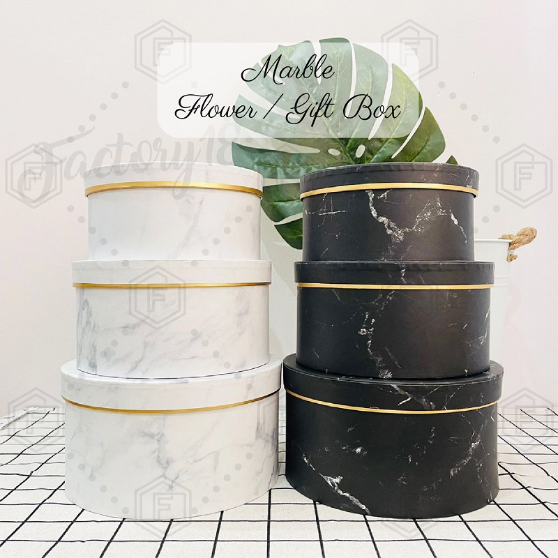 Marble Design Flower Box Gold Border Gift Box Flower Bucket Kotak Bunga ...