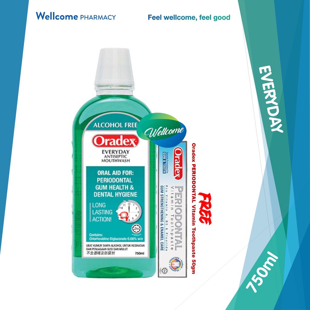 Oradex Everyday Alcohol Free Mouthwash 750ml FREE Periodontal ...