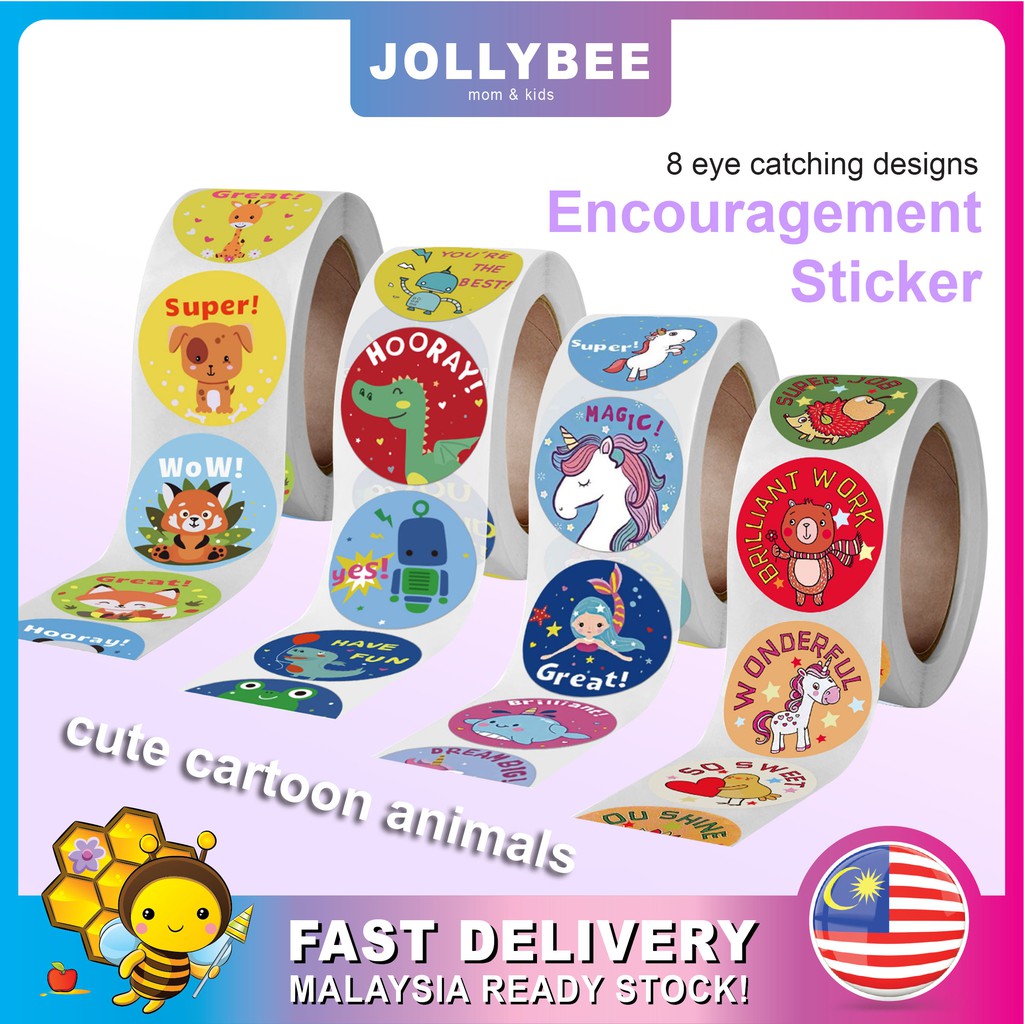 Jollybee Kids Encouragement Round Stickers Roll Cute Cartoon Animals ...