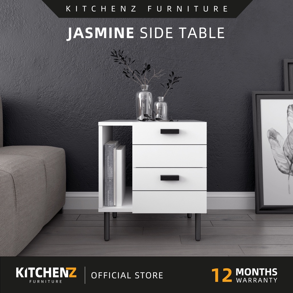 KitchenZ Jasmine Series Melamine Side Table Bedroom Side Drawer Bedside ...