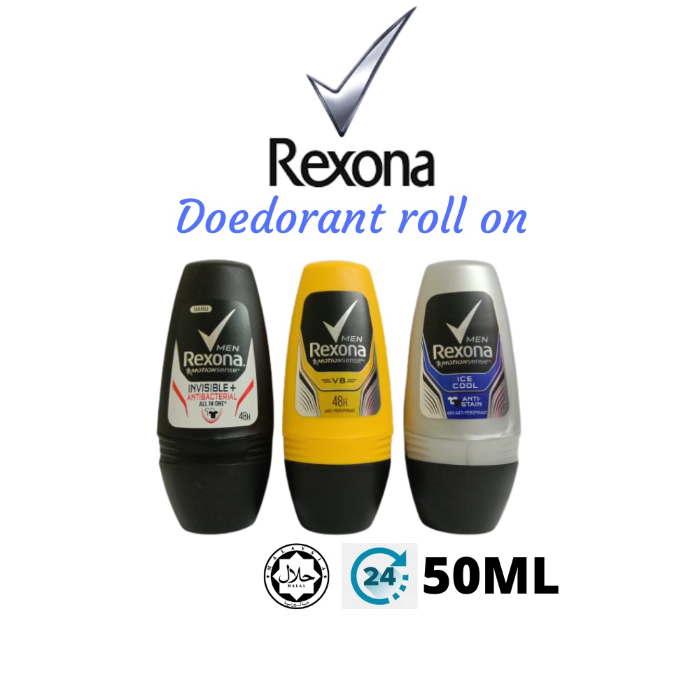 Rexona Men Deodorant Roll On 50ml 48Hour (Invisible + Antibacterial , V8 , Ice Cool) | Shopee ...
