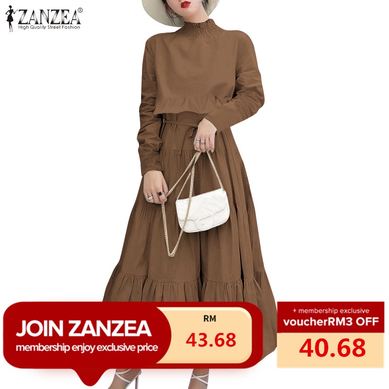 Zanzea Women High Neck Long Sleeve Loose Pleated Casual Long Dress