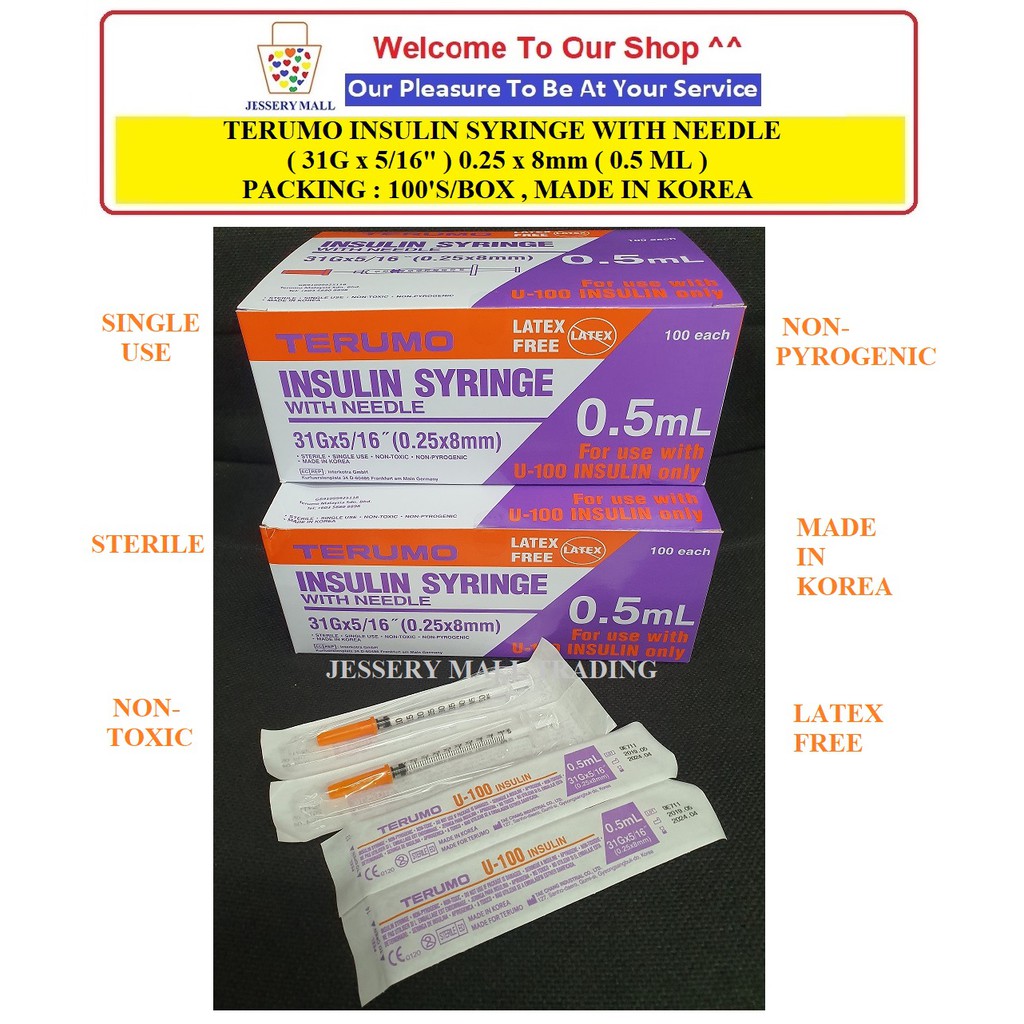 TERUMO INSULIN SYRINGE WITH NEEDLE ( 31G x 5/16" ) 0.25 x 8mm - 0.5ML - 100'S/BOX , MADE IN ...
