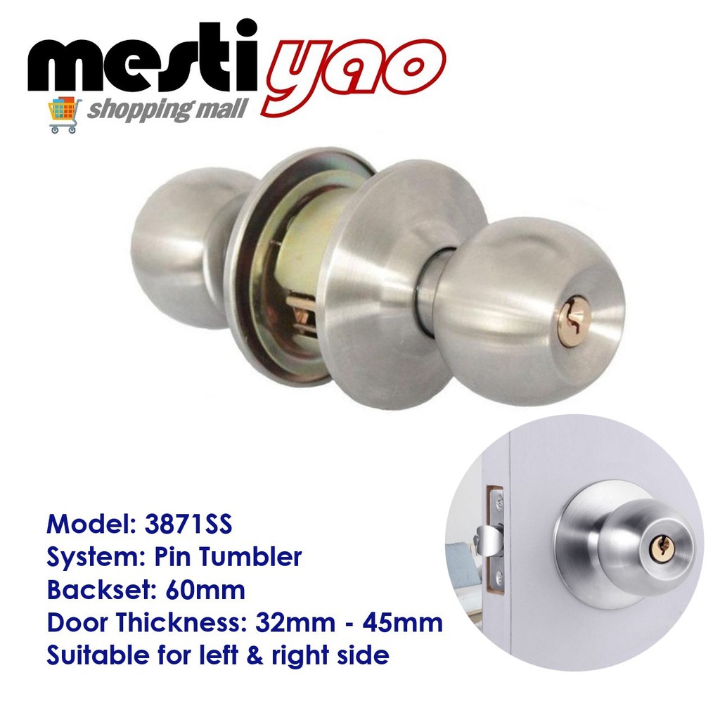 Cylindrical Door Lock 3871SS Round Ball Door Knob Set Pintu Tombol Lock ...