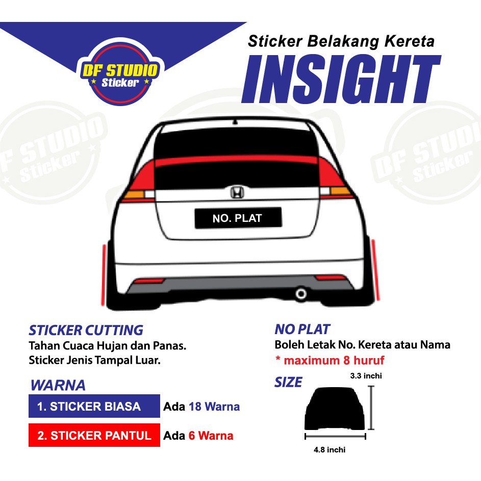 Sticker Belakang Kereta Honda Insight, 1 Pcs, Boleh Tukar Warna Dan No ...