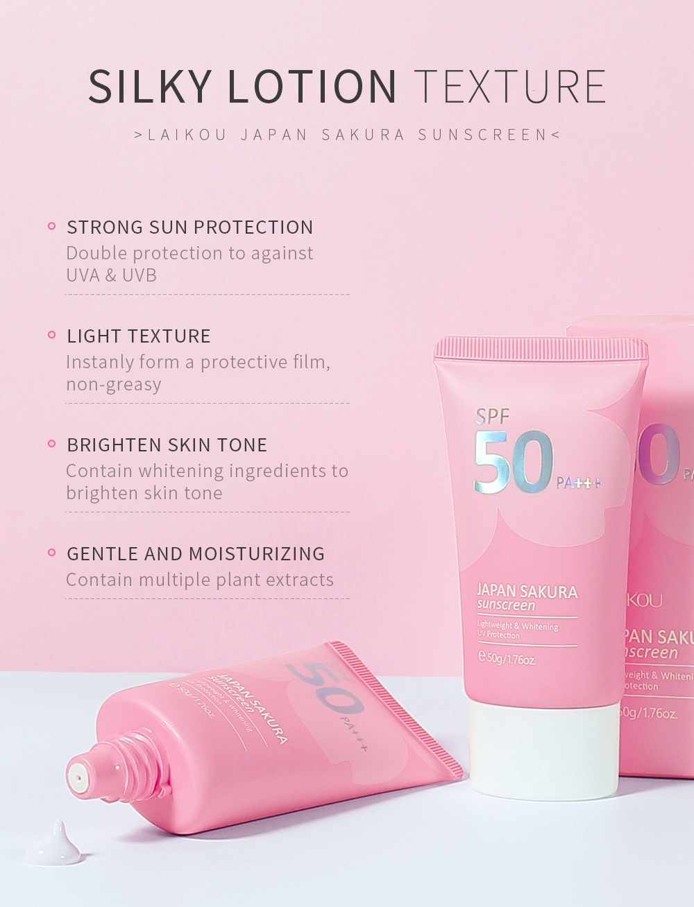 LAIKOU Japan Sakura Sunscreen UV Sunblock Face Body Sun Cream SPF50 PA ...