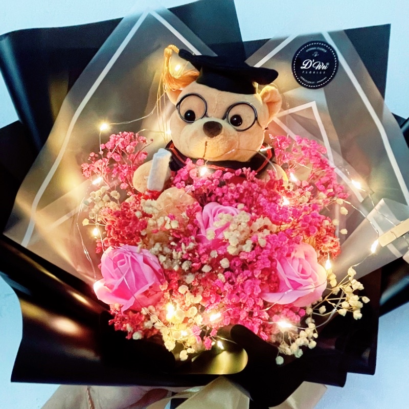 Large LED Graduation Bear Preserved Baby Breath Soap Rose Bouquet Bunga ...