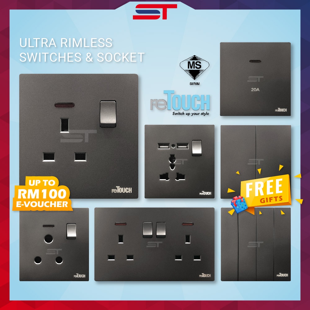 Retouch Ultra Rimless Switch Socket MATT GREY / 20A DOUBLE POLE / 13A ...