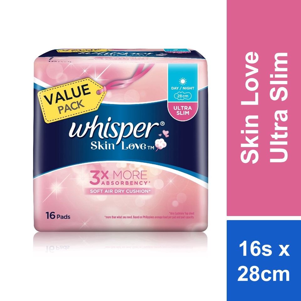Whisper Skin Love Ultra Slim - Day Night Sanitary Napkin 28cm x 16s ...