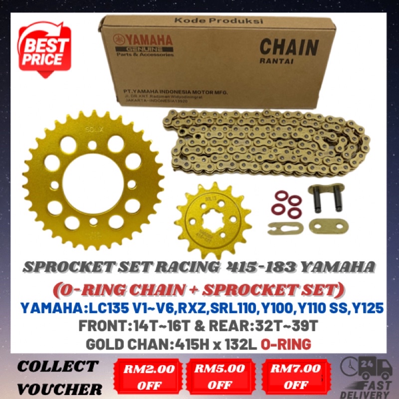 YAMAHA SPROCKET SET HARDEN STEEL 415 O-RING GOLD CHAIN 415HO-132L LC135,RXZ,Y110,Y125,Y100 ...