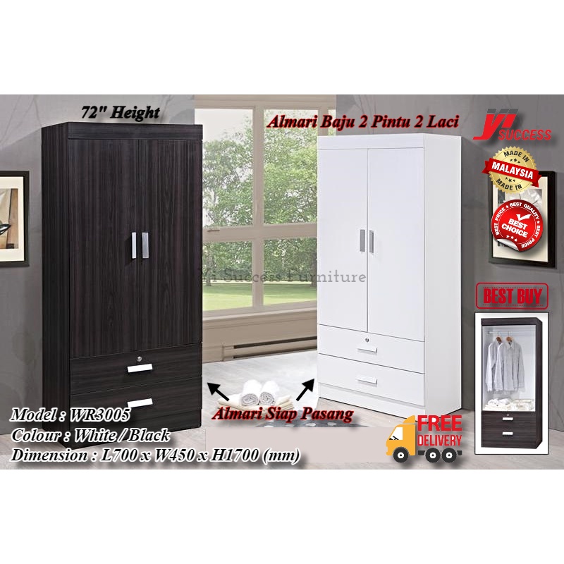 Yi Success 2 Door Wardrobe With 2 Drawer (Siap Pasang) / Particle Board ...