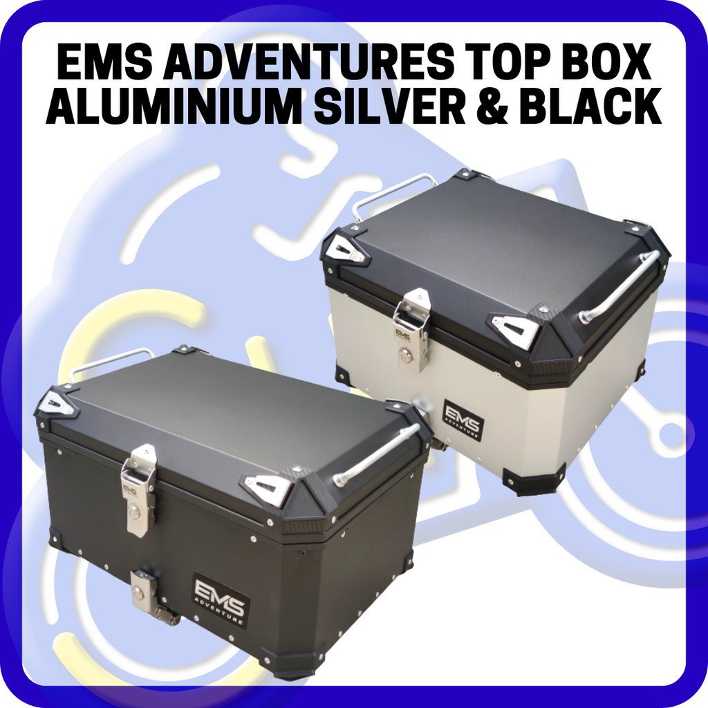 EMS ADVENTURES TOP BOX ALUMINIUM 30 LITRE SILVER AND BLACK BOX RIDE ALL ...