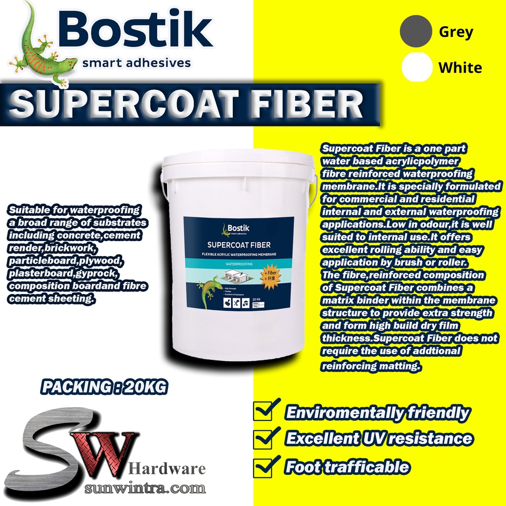BOSTIK SUPERCOAT FIBER ACRYLIC WATERPROOFING MEMBRANE #WHITE/GREY (20KG ...