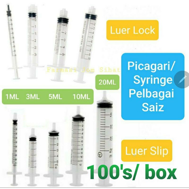 BOX 100PCS PICAGARI SYRINGE 1ML 3ML 5ML 10ML 20ML LUER LOCK / SIP 100PCS/BOX 50pcs/Box | Shopee ...