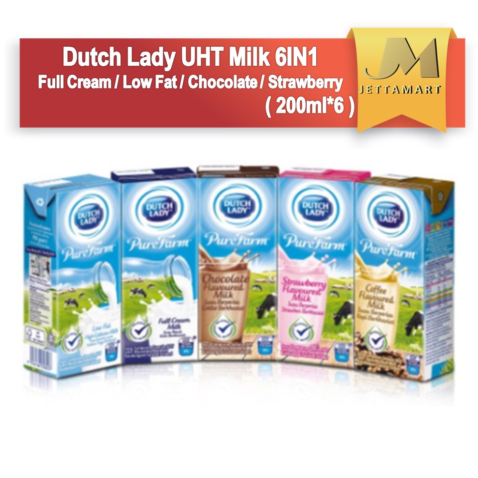 DUTCH LADY 200ml x 6 Pkts Pure Farm UHT Milk ( Full Cream / Low Fat / Chocolate / Strawberry ...