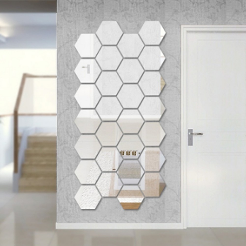 1pc Modern Creative 3d Silver Mirror Sticker Geometric Hexagon Acrylic