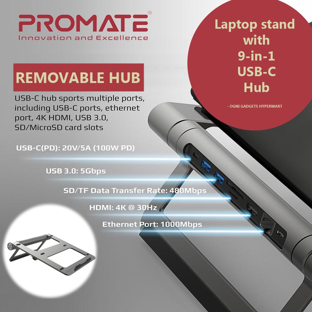 Promate Laptop KickStand with 9-in-1 Multiport USB-C Hub | RJ45 LAN ...