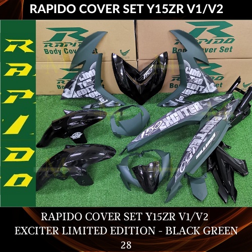 RAPIDO COVER SET Y15ZR V1/V2 EXCITER LIMITED EDITION BLACK GREEN (STICKER TANAM/AIRBRUSH ...