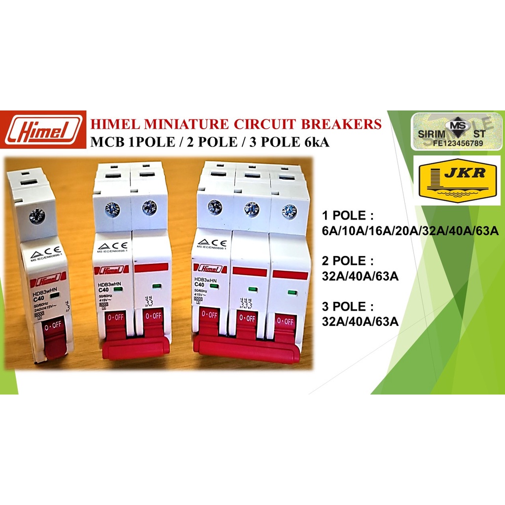 HIMEL MINIATURE CIRCUIT BREAKER MCB HDB3wHN 6A 10A 16A 20A 32A 40A 63A 6kA 1 Pole 2 Pole 3Pole ...