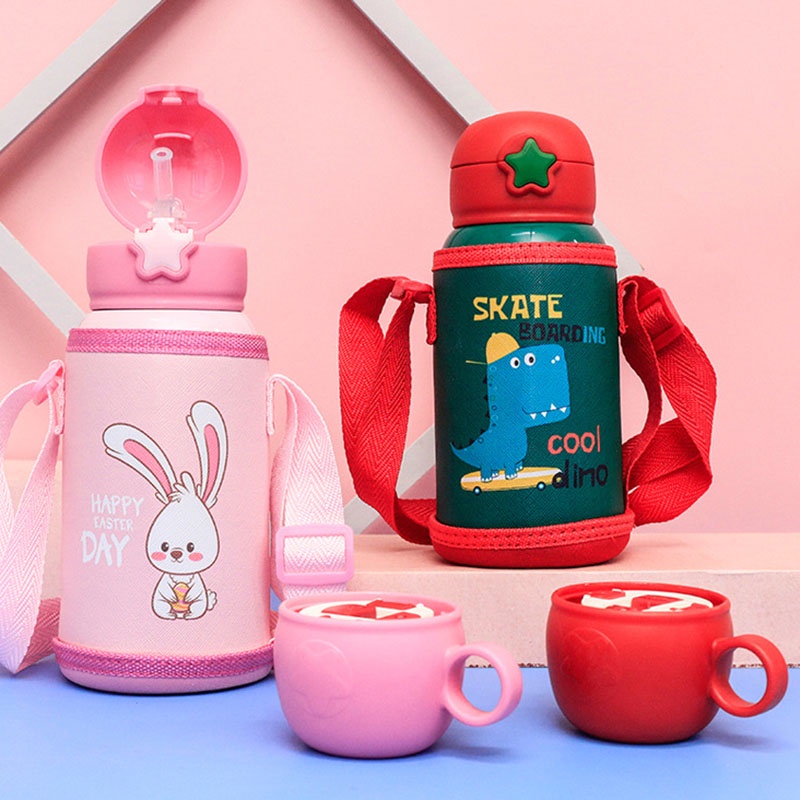 400ml Insulated Double Wall Cartoon Thermos Stainless Steel Straw Water Bottles For School ...