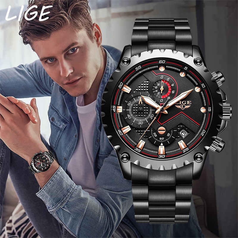 Jam Tangan Lelaki LIGE Brand Watch Men Fashion Luxury Stainless Steel ...
