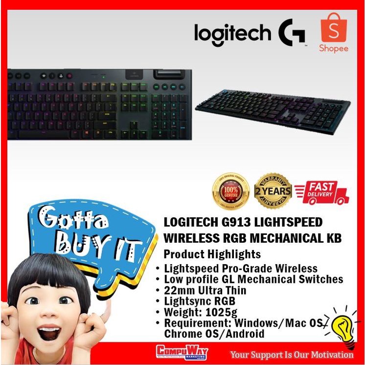 Logitech G913 Lightspeed Wireless RGB Mechanical Gaming Keyboard ...