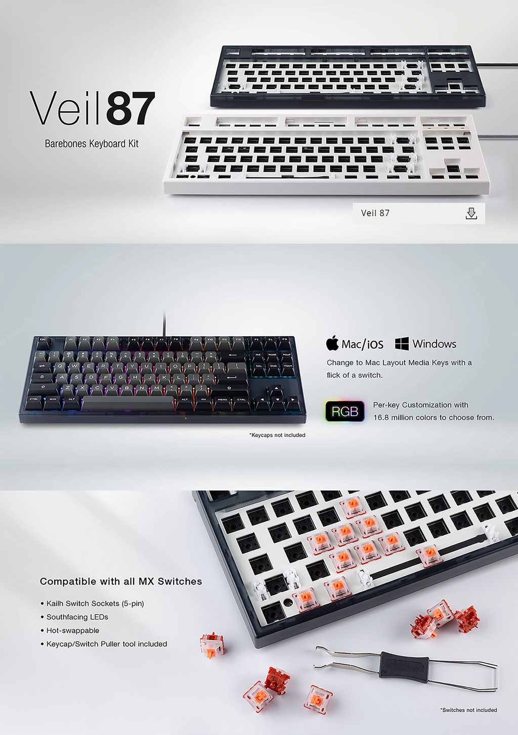 Tecware Veil 87 Barebone Wired Mechanical Keyboard - (White/Smokey ...