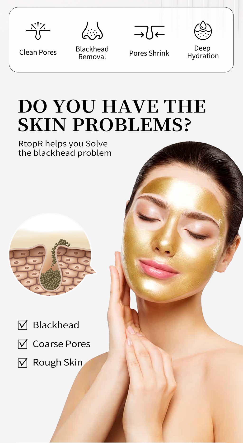 RtopR Gold Blackhead Removal Mask Treats Blackheads and Whiteheads Pore ...