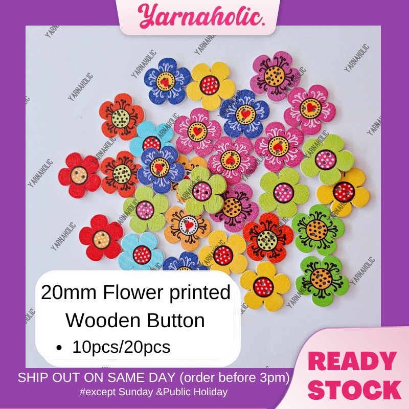 20mm Butang Kayu Bunga-Bunga A / 20mm Flower printed Wooden Button ...