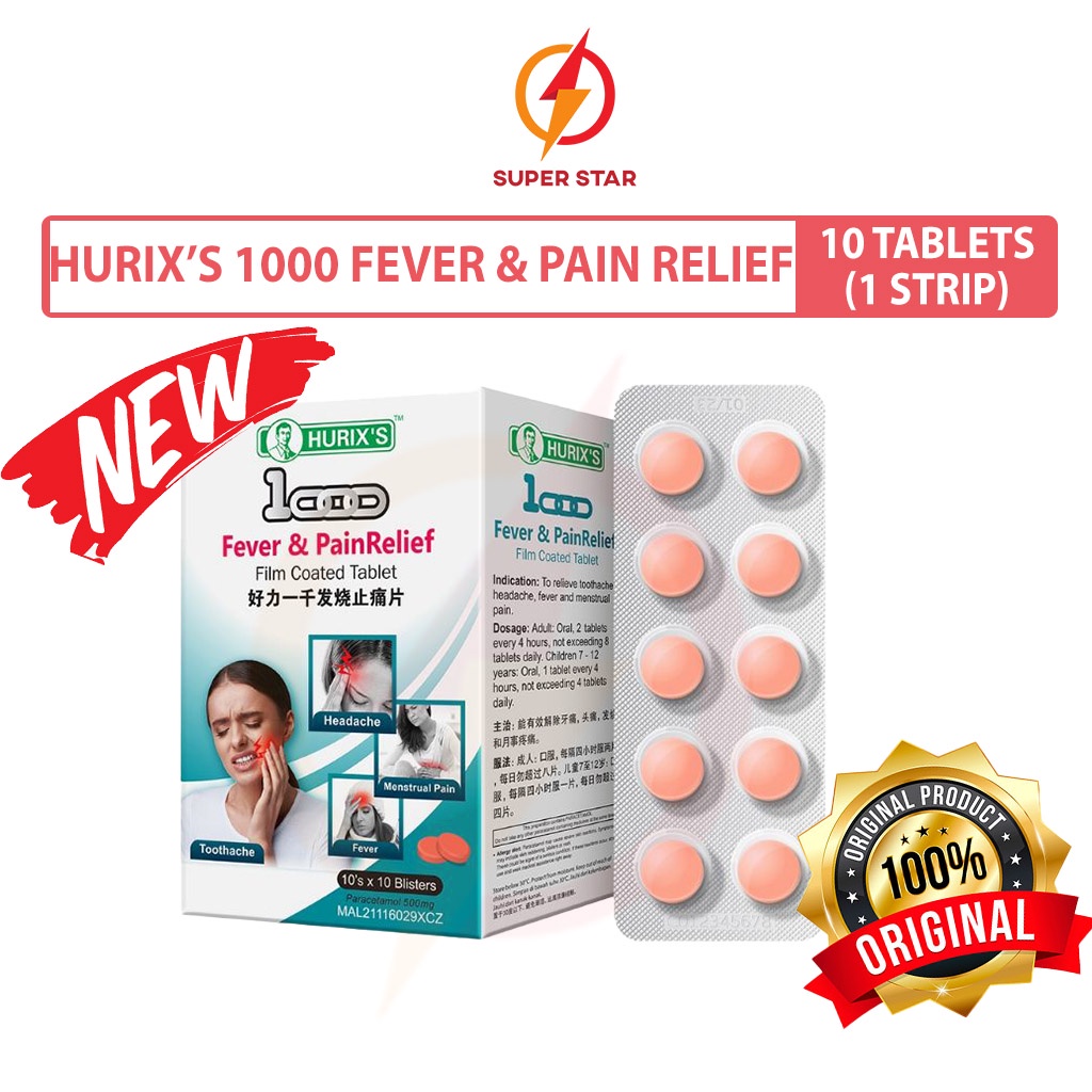 Hurix's 1000 Fever & Pain Relief Film Coated Tablet 500mg Paracetamol ...