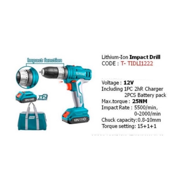 TOTAL Lithium-Ion Cordless Impact Drill TIDLI1222 | Shopee Malaysia