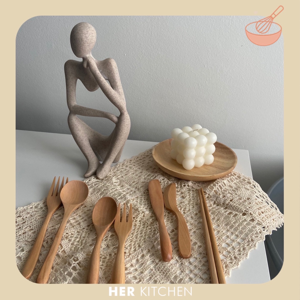 Ins Japanese Style Wooden Spoon Fork Set Dessert Fruit Fork Retro ...