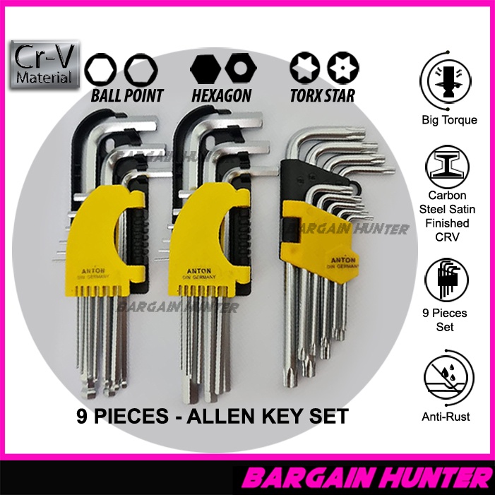 ANTON CRV 9pcs Allen Key Set Hex Key Allen Key Ball Point Allen Key ...