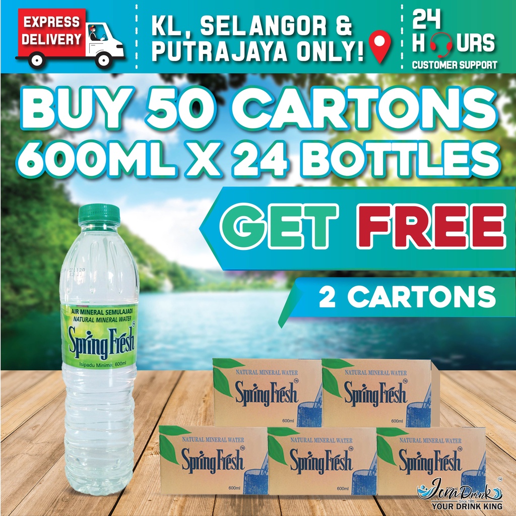 BUNDLE OF 50 CARTONS : SPRING FRESH MINERAL WATER 600ML x 24 BOTTLES ...