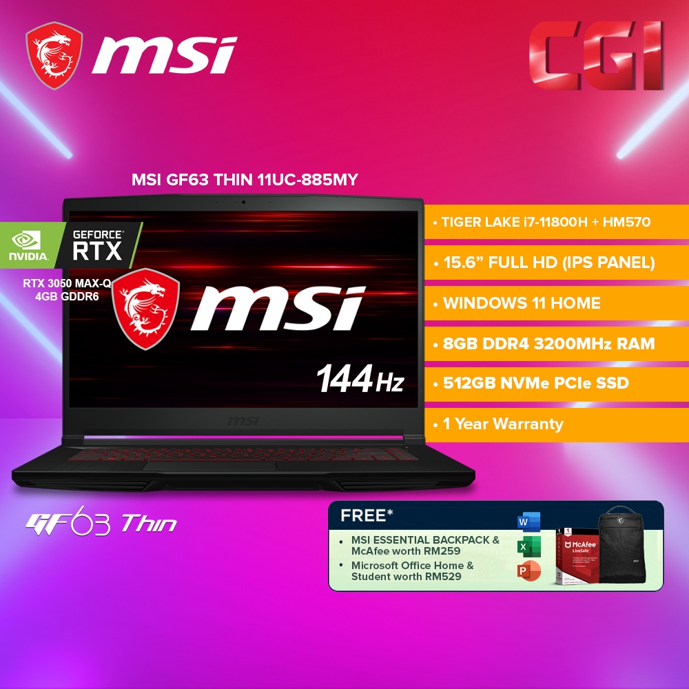 MSI GF63 Thin 11UC-885MY Gaming Laptop i7-11800H|RTX3050 MaxQ|15.6"FHD 144Hz|8GB|512GB|W11H|MOHS ...