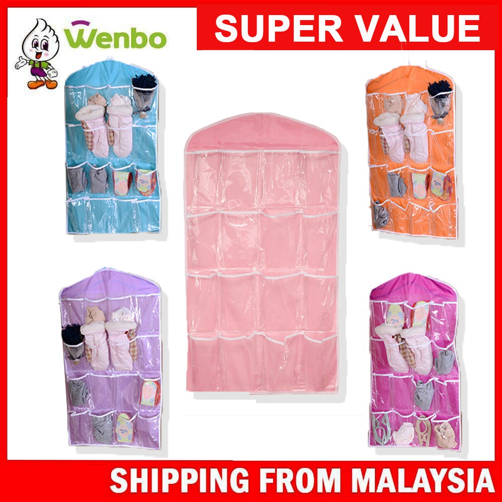 Wenbo 16 Pockets Clear Hanging Bag Socks Bra Underwear Rack Hanger ...