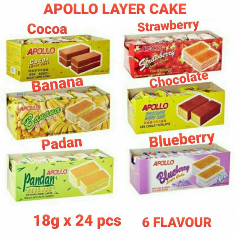 APOLLO LAYER CAKE (18gx24pcs)CHOCOLATE/PANDAN/STRAWBERRY/COCOA/BANANA ...