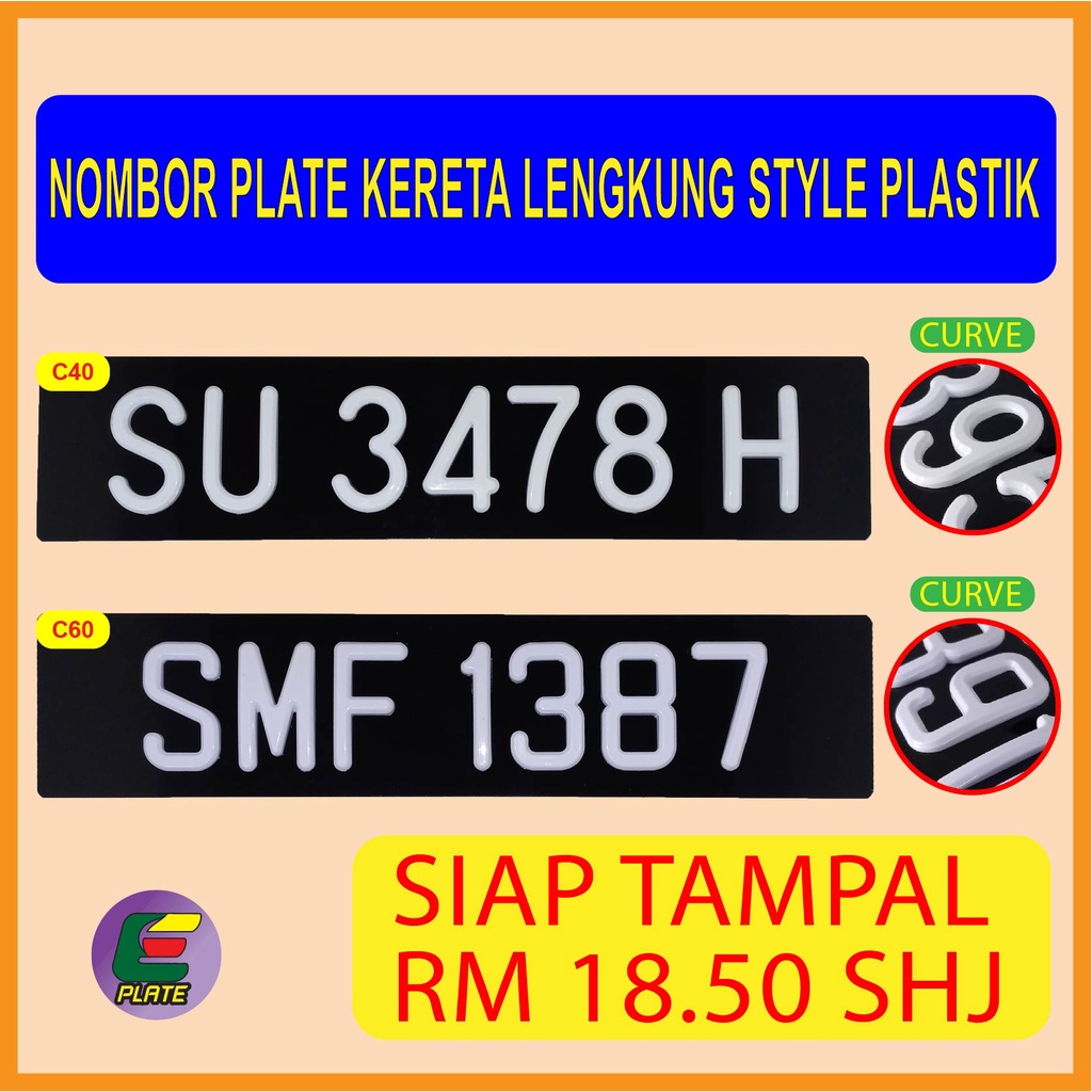 Nombor Plate Kereta LENGKUNG STYLE Plastik Warna Putih (C40 & C60) 1 ...
