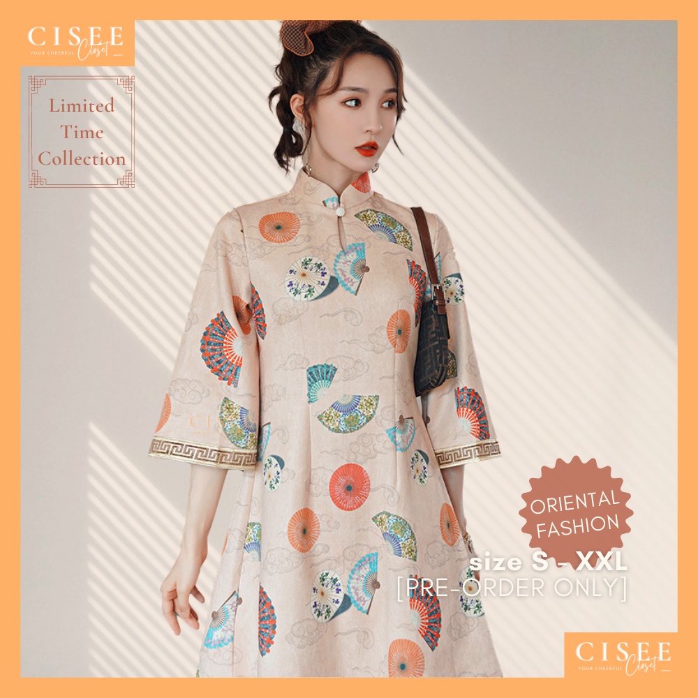 Chinese Fans Print Modern Cheongsam Midi Dress Women Oriental Fashion ...