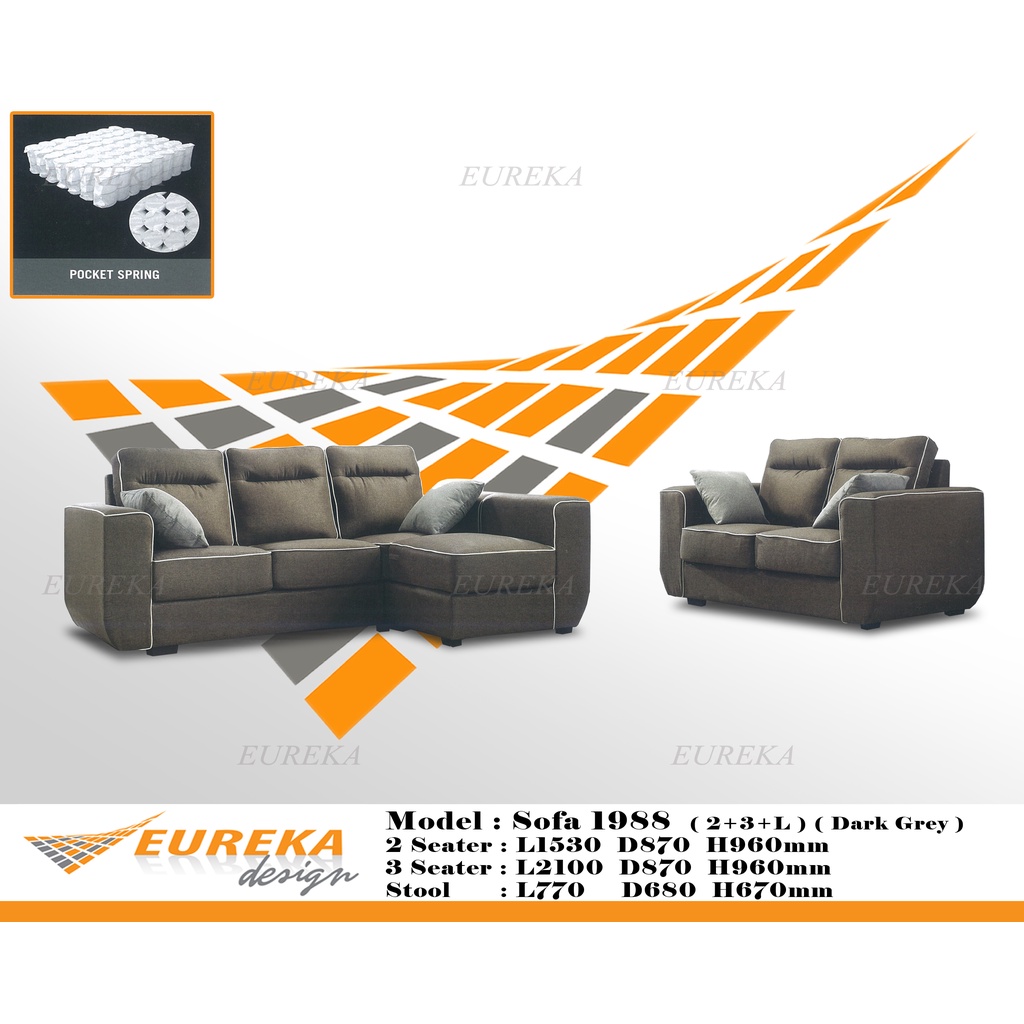 EUREKA Sofa Set 2+3 Modern Upholstery Fabric Wood Pocket Spring 1988 (Deliver & Installation ...