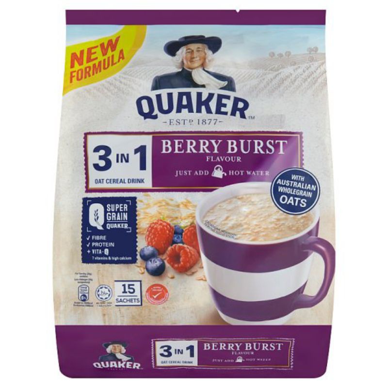 Quaker 3 in 1 Oat Cereal Drink Berry Burst Flavour 15 Sachets x 30g ...