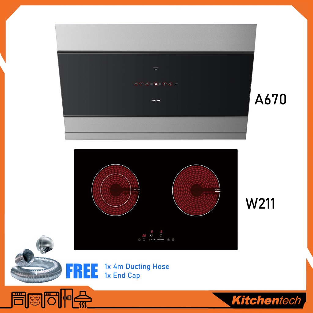 Robam A670 Side Suction Chimney Hood 90cm + W211 Dual Cooking Zone Electric Hob 2200W | Shopee ...