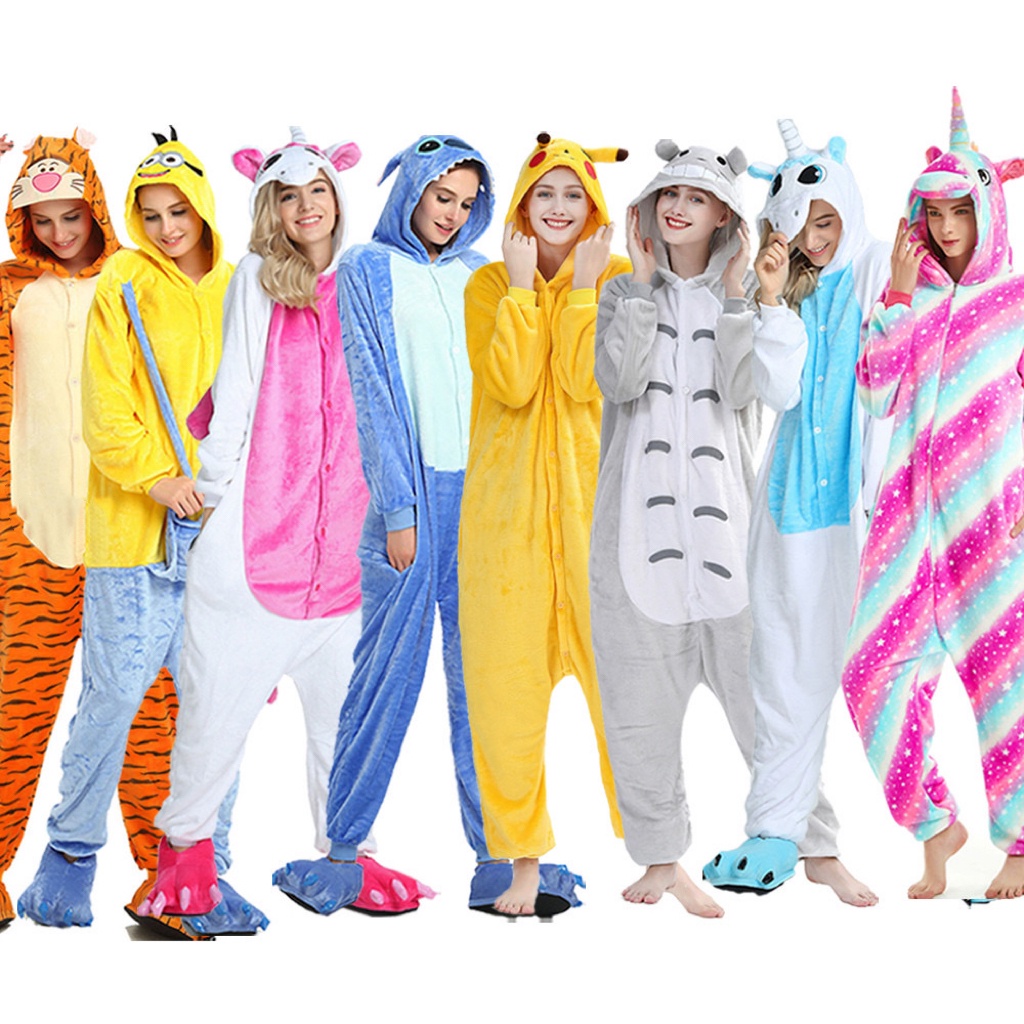 🐳Unisex Kigurumi Unicorn Stitch Panda Pikachu Totoro Tiger Cartoon Flannel Pajamas Women Men ...