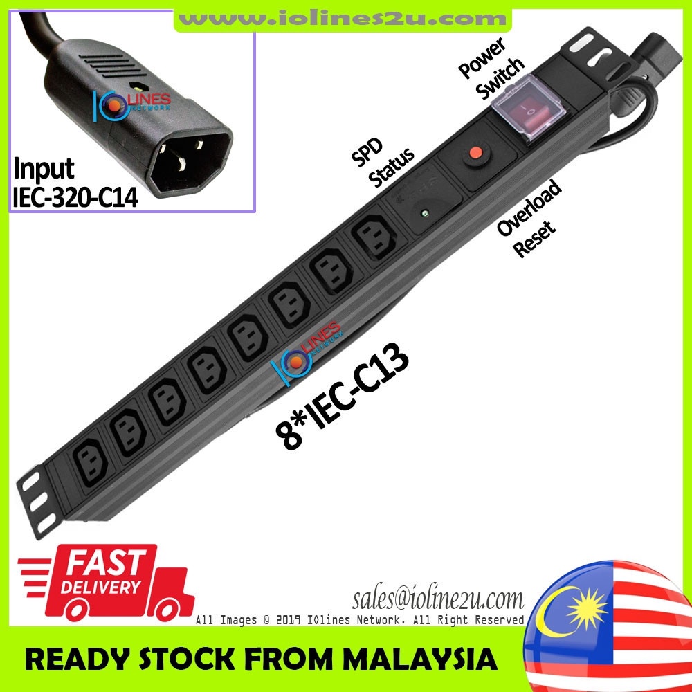 1U Rackmount 19" 8 PORT IEC PDU 8*IEC-320-C13 OUTPUT & C14 INPUT 10A Overload protection 240V ...