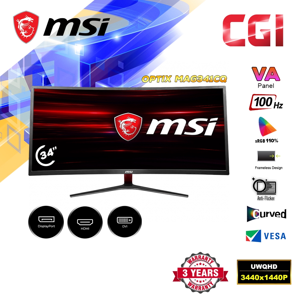 MSI Optix 34" MAG341CQ UWQHD 100Hz 8MS VA Curved Ultrawide Gaming ...