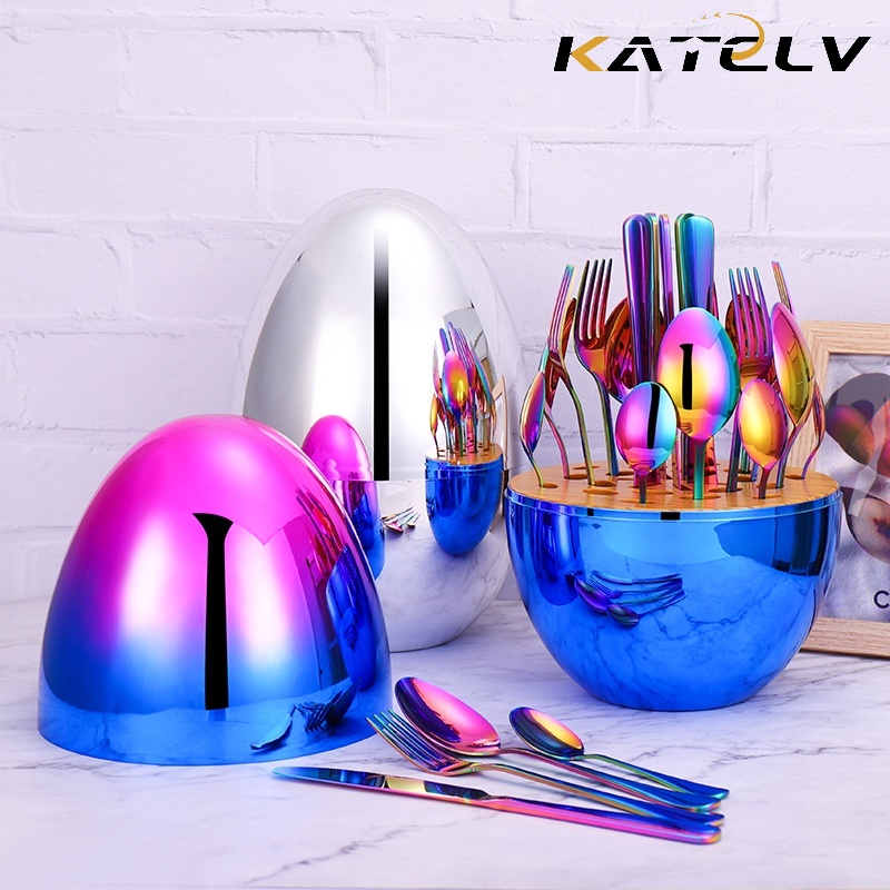 24in1 Stainless Steel Cutlery Egg-shaped Cutlery Holder Dinnerware ...